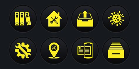 렌치 및 기어 박테리아 위치 서비스 스마트폰 책 받은 편지함 업로드 집 문서가 있는 서랍 및 Office 폴더 아이콘을 설정합니다 벡터 건설 산업에 대한 스톡 벡터 아트 및