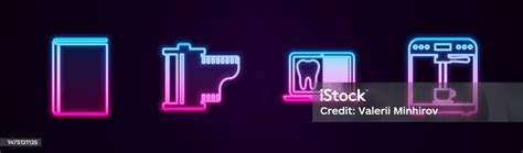세트 라인 북 카메라 필름 롤 카트리지 치과 카드와 커피 머신과 컵이있는 노트북 빛나는 네온 아이콘입니다 벡터 건강 진단에 대한 스톡 벡터 아트 및 기타 이미지 Istock