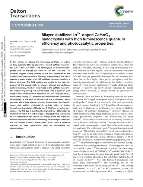 Pdf Bilayer Stabilized Ln3 Doped Camoo4 Nanocrystals With High