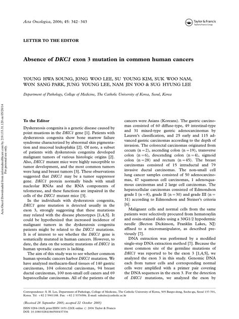 Pdf Absence Of Dkc1 Exon 3 Mutation In Common Human Cancers
