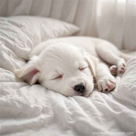 Cute Puppy Sleeping on Bed | Stable Diffusion Online