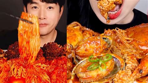 ASMR SPICY SEAFOOD BOIL CRAB OCTOPUS SCALLOP ENOKI MUSHROOM KOREAN RECIPE EATING MUKBANG