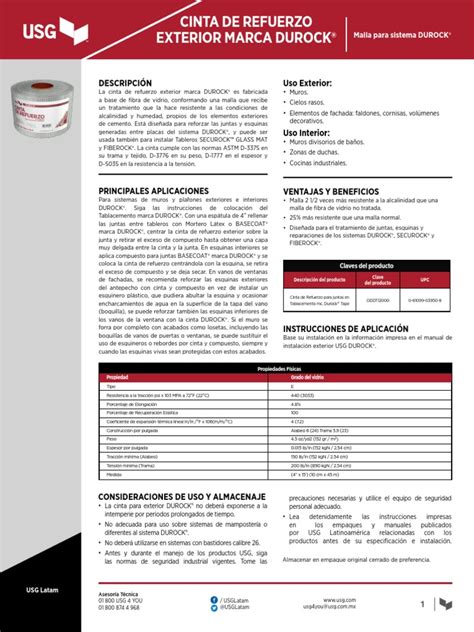 Ficha Tecnica Cinta De Refuerzo Usg Pdf Química Materiales De Construcción