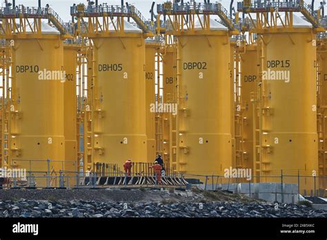 Offshore Wind Turbine Steel Base Platforms Under Construction Stock