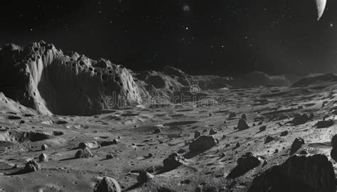 A View Of A Barren Lunar Landscape With Craters And Rock Formations Under A Starry Sky Stock