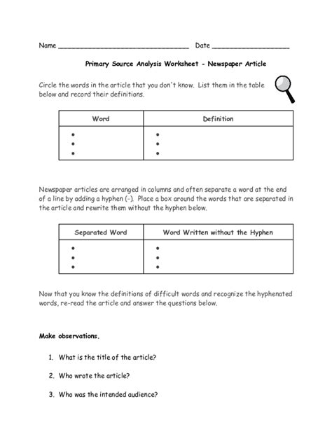 Fillable Online Primary Source Analysis Worksheet Newspapersdocx Fax