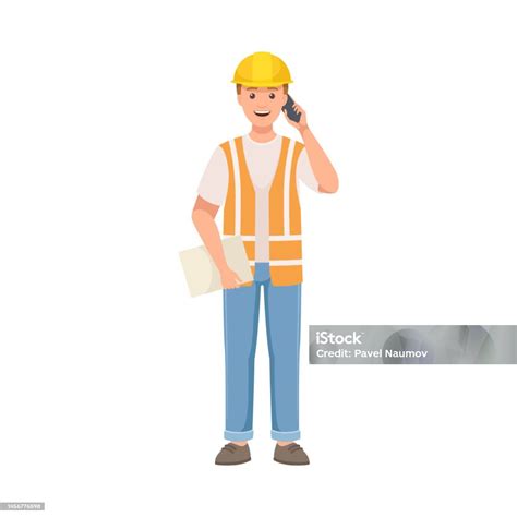 하드 모자를 쓴 남자 빌더 캐릭터와 전화 벡터 일러스트 레이 션으로 서서 말하는 경고 남자에 대한 스톡 벡터 아트 및 기타