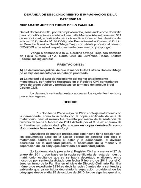 Demanda De Desconocimiento E Impugnación De La Paternidad Pdf