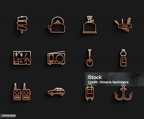 세트 라인 워키 토키 자동차 도로 교통 표지판 여행 가방 앵커 안테나가있는 라디오 물병 및 삽 아이콘 벡터 거리에 대한 스톡 벡터 아트 및 기타 이미지 Istock