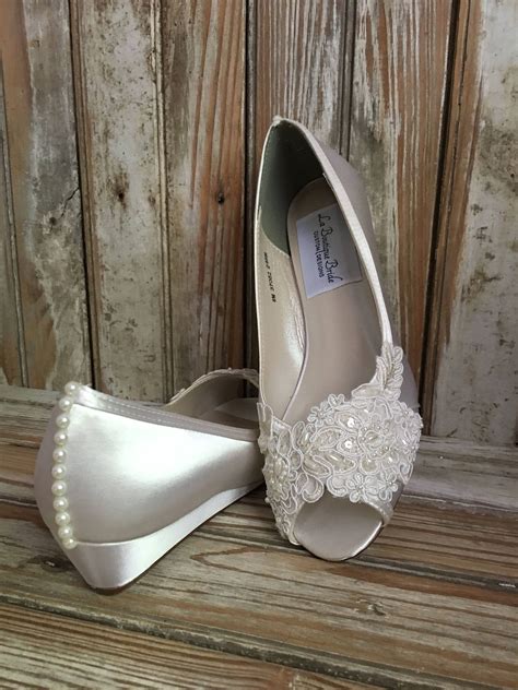 Open Toe Lace Beaded Low Wedge Satin And Lace Bridal Shoe Peep Toe Lace