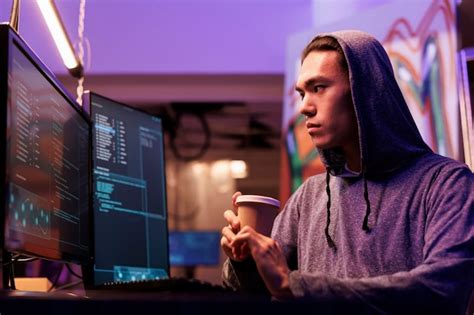 Premium Photo Asian Hacker Drinking Coffee And Doing Ddos Attack On