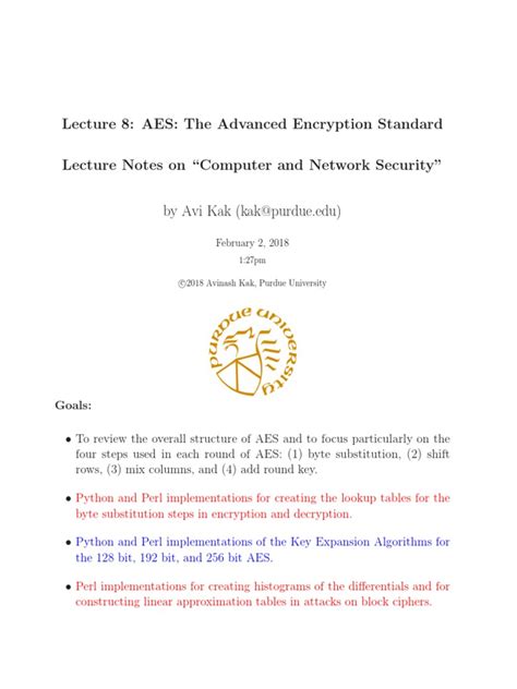 Lecture 8 Aes The Advanced Encryption Standard Lecture Notes On