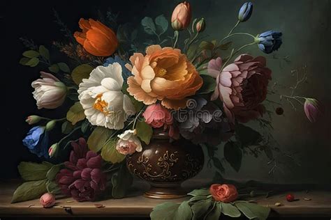 Still Life Bouquet Of Colorful Flowers In A Vase Impressionist Vintage