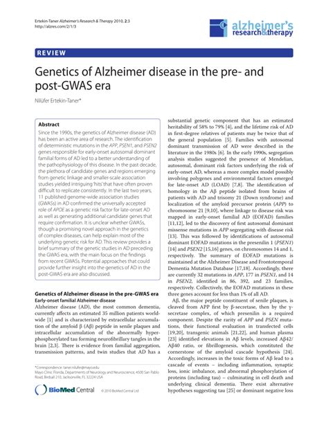Pdf Genetics Of Alzheimer Disease In The Pre And Post Gwas Era