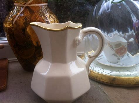 ♥安妮瘋古物♥ Vintage 復古 古董英國骨瓷名瓷masons 1950年純手繪22k金奶油色古董冷水壺~值得收藏 設計館 安妮瘋