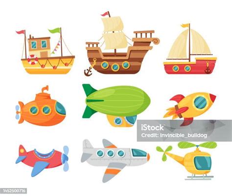 귀여운 유치한 스타일의 만화 운송 모드 배 요트 또는 범선 잠수함 및 비행선 로켓 비행기 0명에 대한 스톡 벡터 아트 및 기타 이미지 Istock