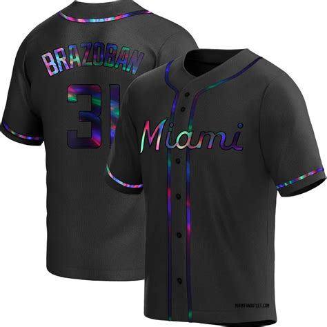 Mens Replica Black Holographic Huascar Brazoban Miami Marlins Alternate Jersey Marlins Store