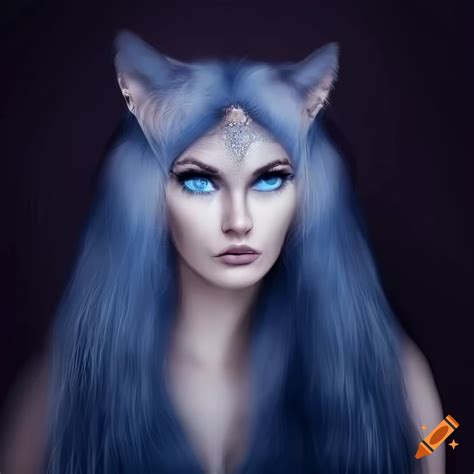Beautiful Cat Human Hybrid Woman With Striking Blue Eyes And Long Fur