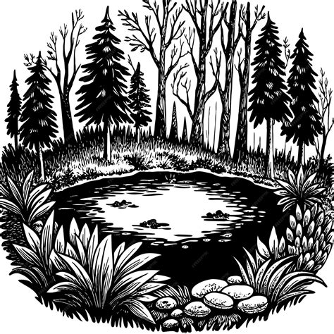 A Black And White Drawing Of A Pond With Trees And A Pond Premium Ai