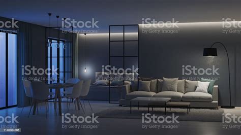 현대 집 인테리어입니다 유리 파티션 뒤에 침실 밤 저녁 조명 3d 렌더링 0명에 대한 스톡 사진 및 기타 이미지 0명 3