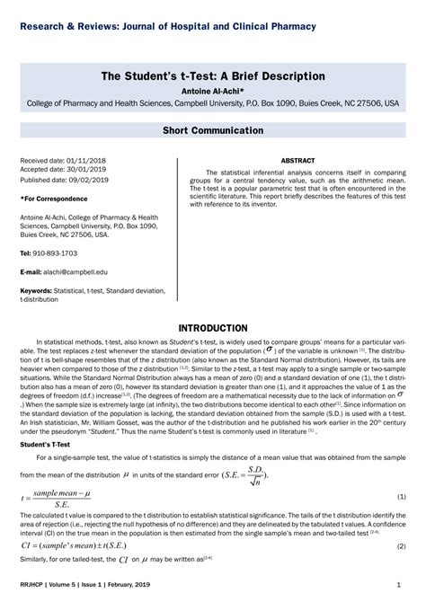 Pdf The Students T Test A Brief Description