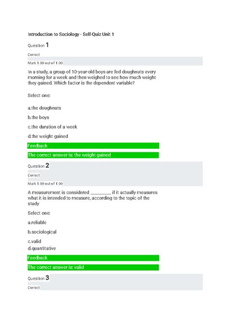 Soc 1502 Self Quiz Unit 1 Introduction To Sociology Self Quiz Unit 1 Question 1 Correct Mark