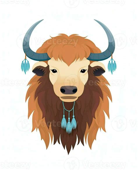 Vector Illustration Of A Bison Head With Blue Feathers Generative Ai