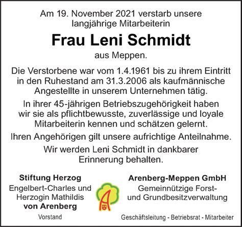 Traueranzeigen Von Leni Schmidt Noz Trauerportal