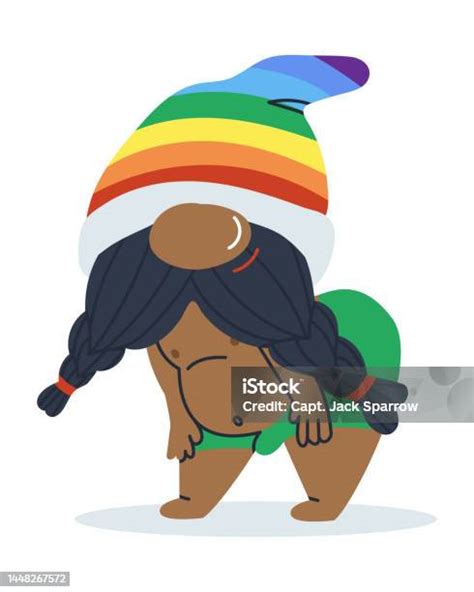 수염을 가진 검은 뜨거운 남자 반바지와 무지개 모자를 쓴 드워프 동화 속 캐릭터 계절에 대한 스톡 벡터 아트 및 기타 이미지