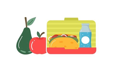 조식 또는 중식 식사 세트 음식 식사와 어린이 학교 도시락을위한 음료 햄버거 샌드위치 물 간식 과일 야채 벡터 컬렉션 스낵에
