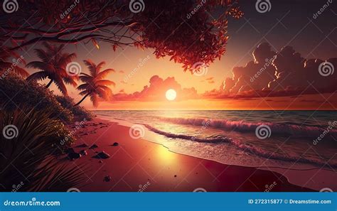 Illustration Of Tropical Beach With Sunset In Cinematic Mood Stock