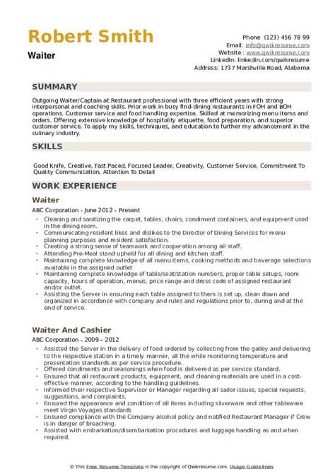 10 Waiter Resume Samples Templates For 2025