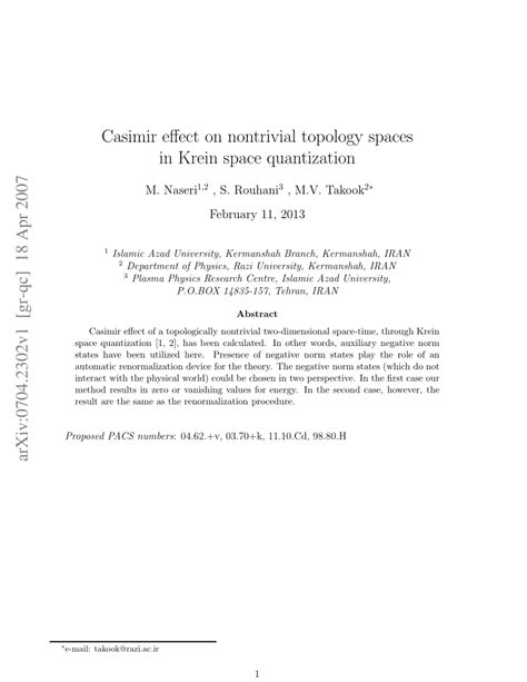 Pdf Casimir Effect On Nontrivial Topology Spaces In Krein Space