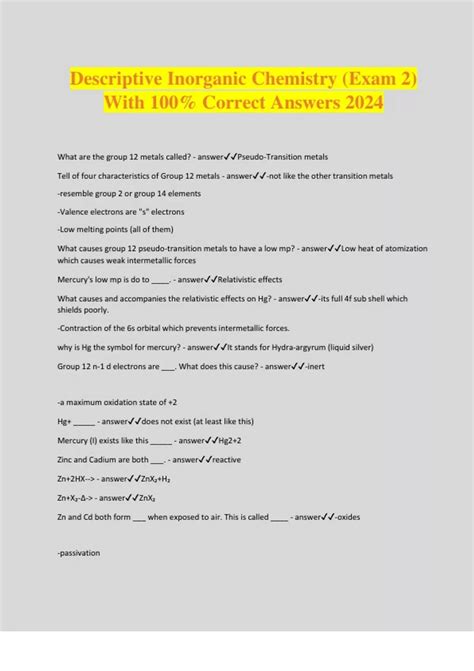 Descriptive Inorganic Chemistry Exam 2 With 100 Correct Answers 2024