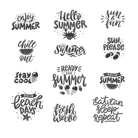Black And White Summer Lettering Set In Modern Style Hand Drawn