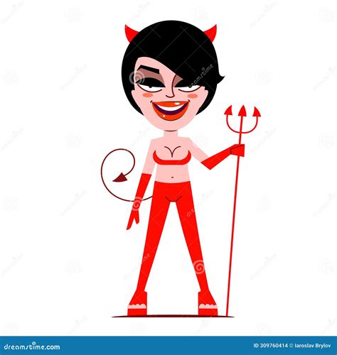 Vintage Pinup She Devil Girl Temptress In Erotic Red Latex Outfit With Pitchfork And Demon Wings