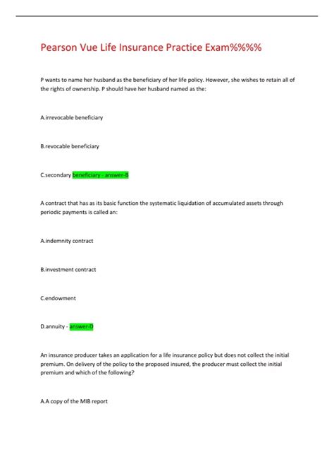 Pearson Vue Life Insurance Practice Exam Pearson Vue Life Insurance Practice Stuvia US