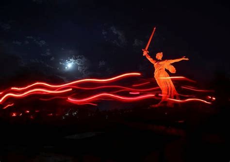 The Motherland Calls Monument Is Illuminated In Red