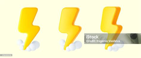 연기 구름이 있는 3d 노란색 벼락 흰색 배경에 고립된 번개 아이콘 번개 전기 타격 번개 섬광의 렌더링 3d 만화 간단한 벡터 일러스트 레이 션 3차원 형태에 대한 스톡