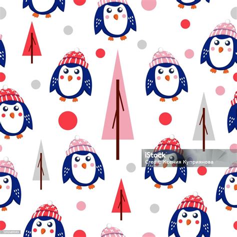 분홍색 빨간색 흰색 모자를 쓰고 파란색 아기 펭귄과 매끄러운 패턴 흰색 배경입니다 전나무 나무와 눈 귀엽고 재미있습니다 즐거운 성탄절 벽지 직물 스크랩북 및 포장지 12월에