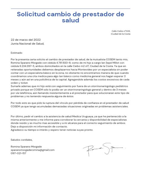 Carta Cambio Prestador Salud Pdf