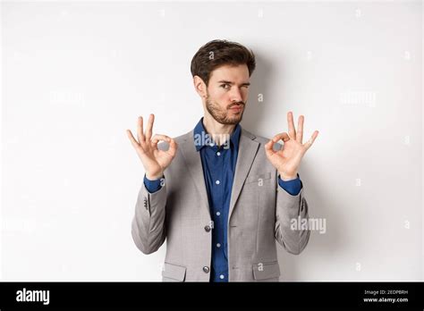 Very Good Handsome Stylish Guy In Suit Winking And Showing Okay Sign