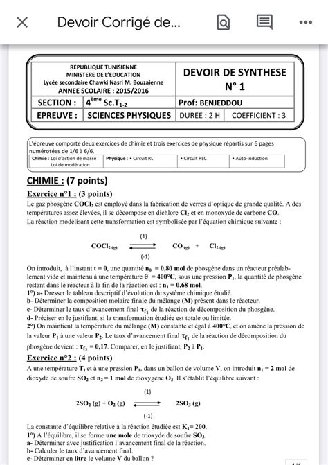 Exemple2devoir De Synthèse N1 En Physique Bac Scientifiques