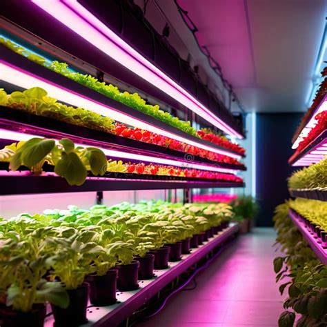 High Tech Vertical Farm Artificial Lighting With Led Grow Lights Stock
