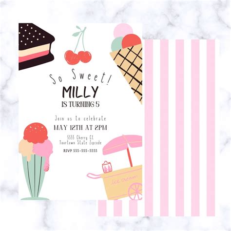 Editable Icecream Party Invitation Retro So Sweet Celebration Dessert Retro Preppy Icecream