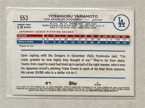 2024 TOPPS SERIES 2 Baseball Yoshinobu Yamamoto 553 RC Los Angeles