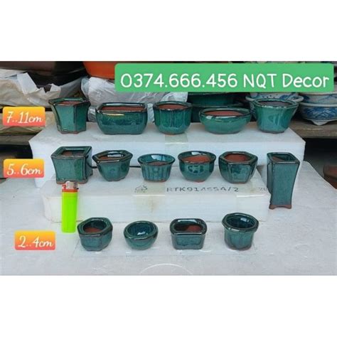 Combo 15 Chậu Bonsai Mini Men Xanh Hoả Biến Gốm Bát Tràng Trồng Cây