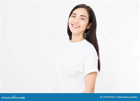 Portrait Of Smiling Brunette Asian Girl On White Background Beautiful