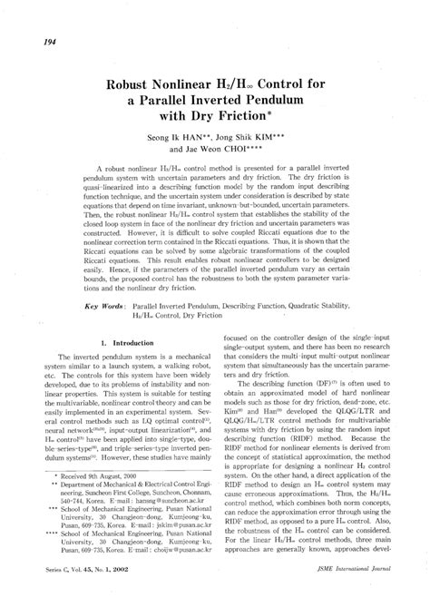 Pdf Robust Nonlinear H2hinf Control For A Parallel Inverted Pendulum With Dry Friction