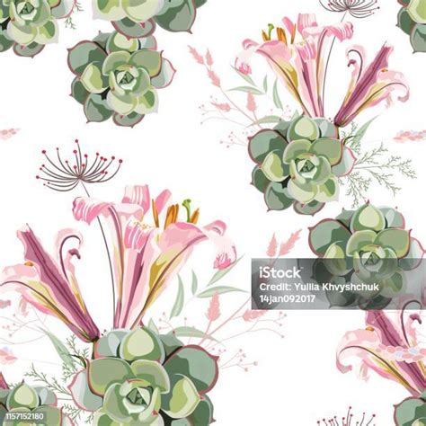 여름 허브 즙이 많은 핑크 로얄 백합 벡터 꽃 원활한 패턴 흰색 배경입니다 0명에 대한 스톡 벡터 아트 및 기타 이미지 0명 고풍스런 꽃 나무 Istock
